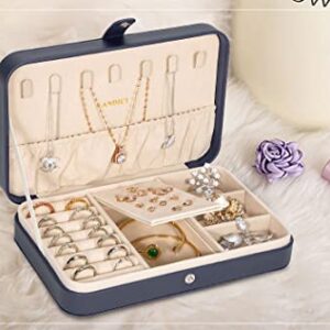 LANDICI Small Jewelry Box for Women Girls, PU Leather Travel Jewelry Organizer Case, Portable Jewellery Storage Holder Display for Ring Earrings Necklace Bracelet Bangle Watch Men Kids Gift, Dark Blue