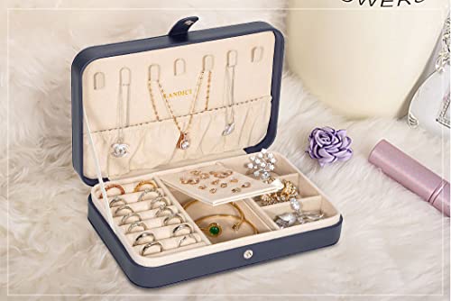 LANDICI Small Jewelry Box for Women Girls, PU Leather Travel Jewelry Organizer Case, Portable Jewellery Storage Holder Display for Ring Earrings Necklace Bracelet Bangle Watch Men Kids Gift, Dark Blue