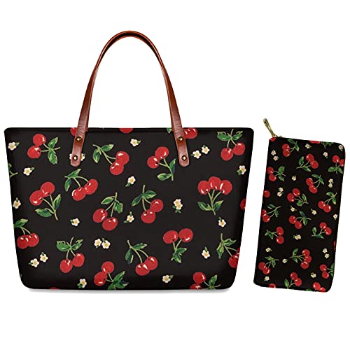 ZFRXIGN Womens Handbags and Wallets Sets Cute Cherry Print Totes Purse Collage Girl Teacher Bookbag Top Handle Bag Casual Work Street School Shoulder Bag