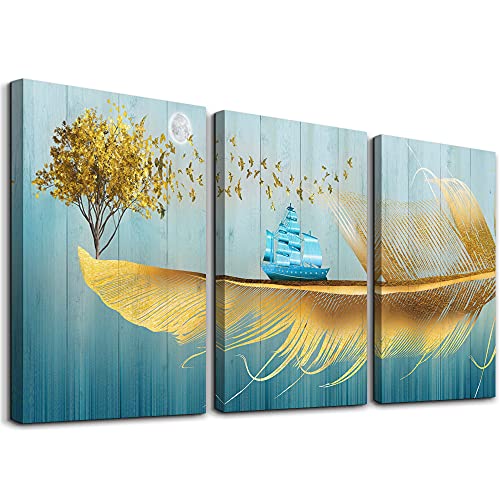 SERIMINO Wall Decor for Bedroom, Canvas Wall Art for Living Room, Modern Pictures, Golden Feather and Yellow Tree Paintings, Posters for Farmhouse, Prints for Office, 3 Pieces Set