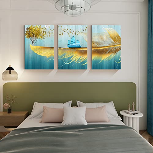 SERIMINO Wall Decor for Bedroom, Canvas Wall Art for Living Room, Modern Pictures, Golden Feather and Yellow Tree Paintings, Posters for Farmhouse, Prints for Office, 3 Pieces Set