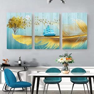 SERIMINO Wall Decor for Bedroom, Canvas Wall Art for Living Room, Modern Pictures, Golden Feather and Yellow Tree Paintings, Posters for Farmhouse, Prints for Office, 3 Pieces Set