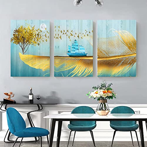 SERIMINO Wall Decor for Bedroom, Canvas Wall Art for Living Room, Modern Pictures, Golden Feather and Yellow Tree Paintings, Posters for Farmhouse, Prints for Office, 3 Pieces Set