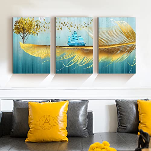 SERIMINO Wall Decor for Bedroom, Canvas Wall Art for Living Room, Modern Pictures, Golden Feather and Yellow Tree Paintings, Posters for Farmhouse, Prints for Office, 3 Pieces Set