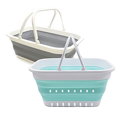 SAMMART 9.2L & 19L Collapsible Tub with Handle - Portable Outdoor Picnic Basket/Crater - Foldable Shopping Bag - 2 pieces (Grey & Lake Green)