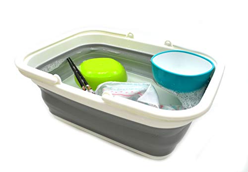 SAMMART 9.2L & 19L Collapsible Tub with Handle - Portable Outdoor Picnic Basket/Crater - Foldable Shopping Bag - 2 pieces (Grey & Lake Green)