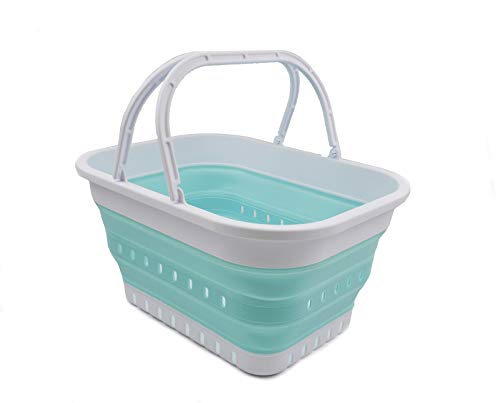 SAMMART 9.2L & 19L Collapsible Tub with Handle - Portable Outdoor Picnic Basket/Crater - Foldable Shopping Bag - 2 pieces (Grey & Lake Green)