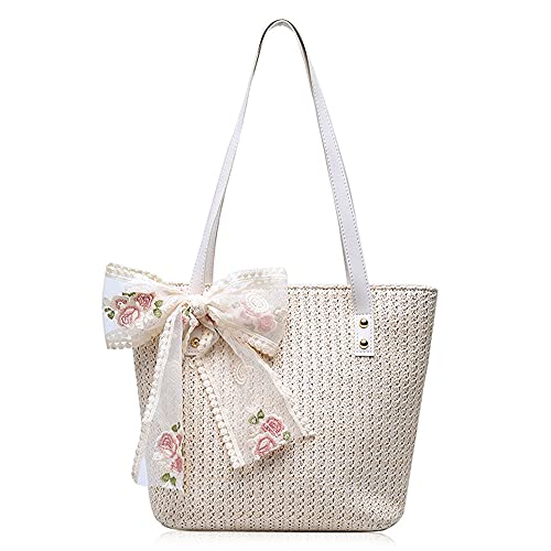 QTKJ Women Large Straw Beach Tote Bag Summer Hand-woven Bags Shoulder Bag Leather Handle Beach Handbags with Cute Lace Bow Small (White)