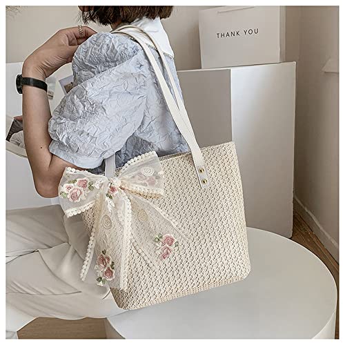 QTKJ Women Large Straw Beach Tote Bag Summer Hand-woven Bags Shoulder Bag Leather Handle Beach Handbags with Cute Lace Bow Small (White)