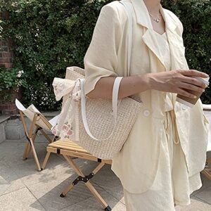 QTKJ Women Large Straw Beach Tote Bag Summer Hand-woven Bags Shoulder Bag Leather Handle Beach Handbags with Cute Lace Bow Small (White)