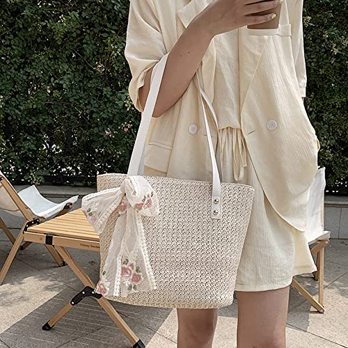 QTKJ Women Large Straw Beach Tote Bag Summer Hand-woven Bags Shoulder Bag Leather Handle Beach Handbags with Cute Lace Bow Small (White)