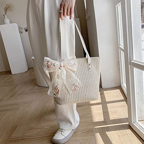 QTKJ Women Large Straw Beach Tote Bag Summer Hand-woven Bags Shoulder Bag Leather Handle Beach Handbags with Cute Lace Bow Small (White)