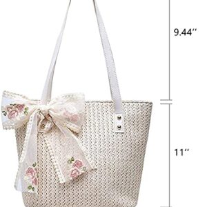 QTKJ Women Large Straw Beach Tote Bag Summer Hand-woven Bags Shoulder Bag Leather Handle Beach Handbags with Cute Lace Bow Small (White)