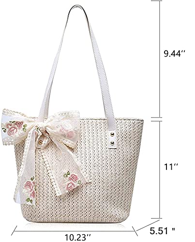 QTKJ Women Large Straw Beach Tote Bag Summer Hand-woven Bags Shoulder Bag Leather Handle Beach Handbags with Cute Lace Bow Small (White)