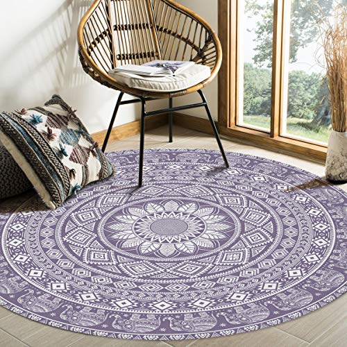 Olivefox Round Area Rugs Bohemia Style Mandala and Elephant Geometric Pattern Purple Super Soft Indoor Stain-Proof Carpet Floor Mat Anti-Skid Runner Rugs for Living Room Bedroom Dining Room, 3 Feet