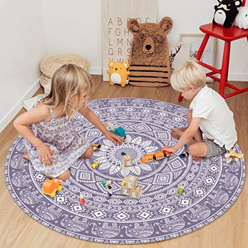 Olivefox Round Area Rugs Bohemia Style Mandala and Elephant Geometric Pattern Purple Super Soft Indoor Stain-Proof Carpet Floor Mat Anti-Skid Runner Rugs for Living Room Bedroom Dining Room, 3 Feet