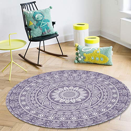 Olivefox Round Area Rugs Bohemia Style Mandala and Elephant Geometric Pattern Purple Super Soft Indoor Stain-Proof Carpet Floor Mat Anti-Skid Runner Rugs for Living Room Bedroom Dining Room, 3 Feet