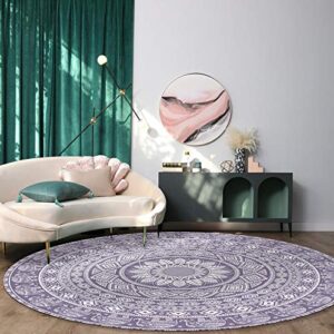 Olivefox Round Area Rugs Bohemia Style Mandala and Elephant Geometric Pattern Purple Super Soft Indoor Stain-Proof Carpet Floor Mat Anti-Skid Runner Rugs for Living Room Bedroom Dining Room, 3 Feet