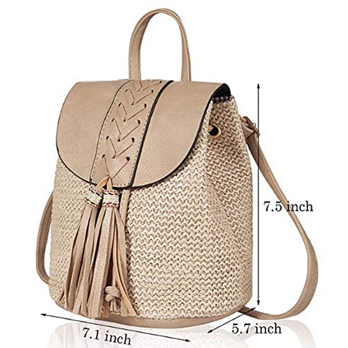 Aisi Women Girls Straw Woven Backpack Summer Beach Casual Daypack Tassel Traveling Purse One Size Khaki