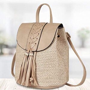 Aisi Women Girls Straw Woven Backpack Summer Beach Casual Daypack Tassel Traveling Purse One Size Khaki