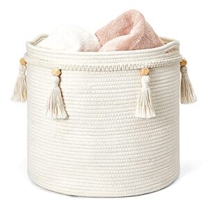 mkono macrame decorative cotton rope basket boho cute woven tassel closet storage bins organizer for nursery,baby toys,blankets,magazines, potted plants cover,living room,bedroom home decor 15″x 14″