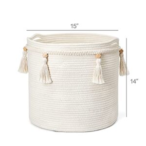 Mkono Macrame Decorative Cotton Rope Basket Boho Cute Woven Tassel Closet Storage Bins Organizer for Nursery,Baby Toys,Blankets,Magazines, Potted Plants Cover,Living Room,Bedroom Home Decor 15"x 14"