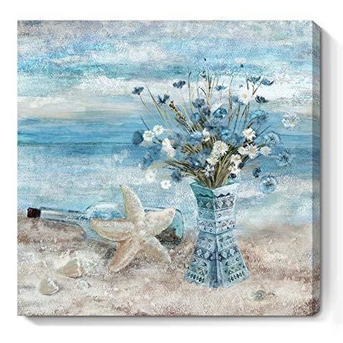 Bathroom Decor Wall Art Blue Beach Picture Ocean Theme Flower Canvas Print Modern Coastal Seascape Painting Framed Seaside Artwork Floral Daisy in Indian Vase for Home Sea Lake Bedroom 14x14inch