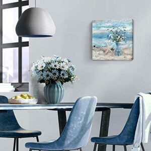 Bathroom Decor Wall Art Blue Beach Picture Ocean Theme Flower Canvas Print Modern Coastal Seascape Painting Framed Seaside Artwork Floral Daisy in Indian Vase for Home Sea Lake Bedroom 14x14inch