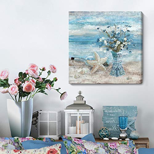 Bathroom Decor Wall Art Blue Beach Picture Ocean Theme Flower Canvas Print Modern Coastal Seascape Painting Framed Seaside Artwork Floral Daisy in Indian Vase for Home Sea Lake Bedroom 14x14inch