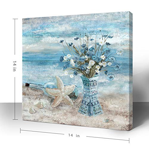 Bathroom Decor Wall Art Blue Beach Picture Ocean Theme Flower Canvas Print Modern Coastal Seascape Painting Framed Seaside Artwork Floral Daisy in Indian Vase for Home Sea Lake Bedroom 14x14inch