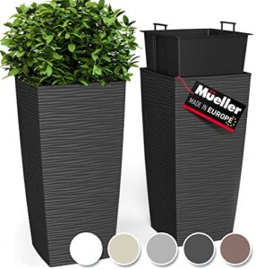 janska by mueller m-resin heavy duty tall planter, indoor/outdoor grande plant, tree, flower pot, 2-piece set, 24”, modern design, built-in drainage, dark gray