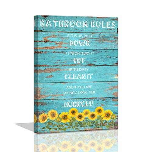 Bathroom Rules Wall Decor Sunflower Canvas Wall Art Yellow Sunflower Pictures Canvas Prints for bathroom Wood Teal Wooden Planks Background Wall Decor Canvas Art Prints Artwork for Walls Ready to Hang