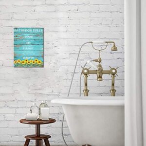 Bathroom Rules Wall Decor Sunflower Canvas Wall Art Yellow Sunflower Pictures Canvas Prints for bathroom Wood Teal Wooden Planks Background Wall Decor Canvas Art Prints Artwork for Walls Ready to Hang