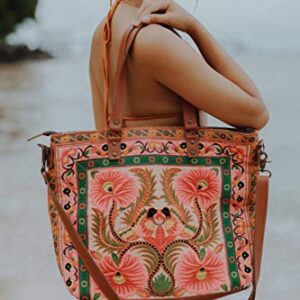 changnoi Embroidered Tote Bag with Adjustable Leather Crossbody Strap