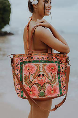 changnoi Embroidered Tote Bag with Adjustable Leather Crossbody Strap