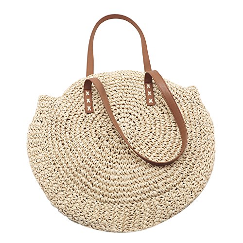 Round Woven Zippered Shoulder Bag,Handbags Beach Straw Bag Large Handmade Weaving Shoulder Bag Natural Chic Women Straw Woven Tote Summer Beach Tote for Women Vacation and Daily Use(Off-white