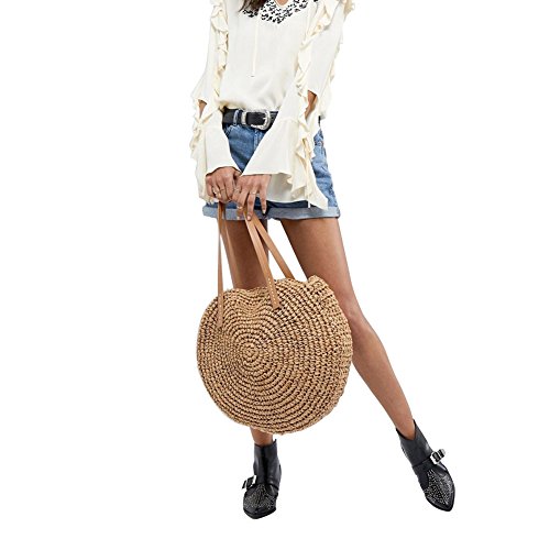 Round Woven Zippered Shoulder Bag,Handbags Beach Straw Bag Large Handmade Weaving Shoulder Bag Natural Chic Women Straw Woven Tote Summer Beach Tote for Women Vacation and Daily Use(Off-white