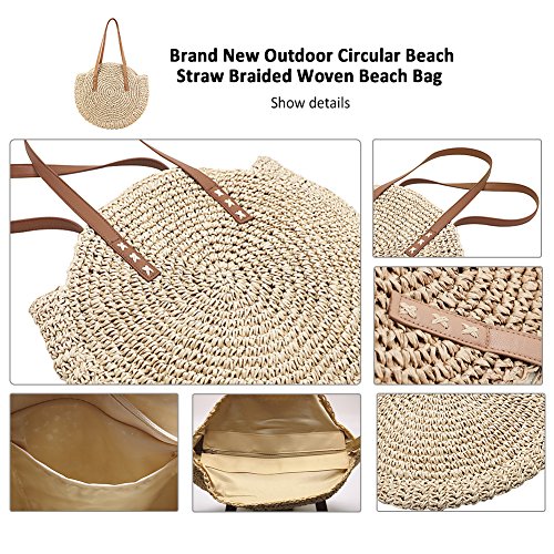 Round Woven Zippered Shoulder Bag,Handbags Beach Straw Bag Large Handmade Weaving Shoulder Bag Natural Chic Women Straw Woven Tote Summer Beach Tote for Women Vacation and Daily Use(Off-white