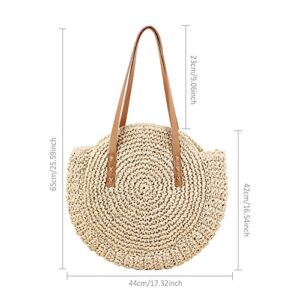 Round Woven Zippered Shoulder Bag,Handbags Beach Straw Bag Large Handmade Weaving Shoulder Bag Natural Chic Women Straw Woven Tote Summer Beach Tote for Women Vacation and Daily Use(Off-white