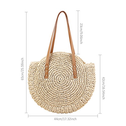 Round Woven Zippered Shoulder Bag,Handbags Beach Straw Bag Large Handmade Weaving Shoulder Bag Natural Chic Women Straw Woven Tote Summer Beach Tote for Women Vacation and Daily Use(Off-white