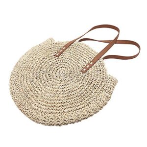 Round Woven Zippered Shoulder Bag,Handbags Beach Straw Bag Large Handmade Weaving Shoulder Bag Natural Chic Women Straw Woven Tote Summer Beach Tote for Women Vacation and Daily Use(Off-white