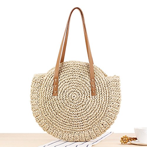 Round Woven Zippered Shoulder Bag,Handbags Beach Straw Bag Large Handmade Weaving Shoulder Bag Natural Chic Women Straw Woven Tote Summer Beach Tote for Women Vacation and Daily Use(Off-white