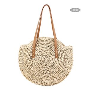 Round Woven Zippered Shoulder Bag,Handbags Beach Straw Bag Large Handmade Weaving Shoulder Bag Natural Chic Women Straw Woven Tote Summer Beach Tote for Women Vacation and Daily Use(Off-white