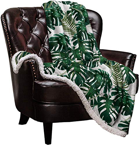 Sherpa Fleece Blanket Thick Tropical Leaves Monstera Bed Blanket Soft Cozy Luxury Blanket 40"x50" - Fuzzy Thick Reversible Super Warm Fluffy Plush Microfiber Throw Blanket for Couch