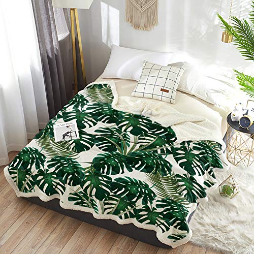 Sherpa Fleece Blanket Thick Tropical Leaves Monstera Bed Blanket Soft Cozy Luxury Blanket 40"x50" - Fuzzy Thick Reversible Super Warm Fluffy Plush Microfiber Throw Blanket for Couch