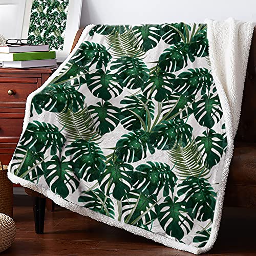 Sherpa Fleece Blanket Thick Tropical Leaves Monstera Bed Blanket Soft Cozy Luxury Blanket 40"x50" - Fuzzy Thick Reversible Super Warm Fluffy Plush Microfiber Throw Blanket for Couch