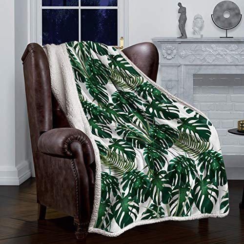 Sherpa Fleece Blanket Thick Tropical Leaves Monstera Bed Blanket Soft Cozy Luxury Blanket 40"x50" - Fuzzy Thick Reversible Super Warm Fluffy Plush Microfiber Throw Blanket for Couch