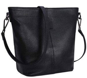 iswee women genuine leather handbags tote bag crossbody shoulder bag bucket bag (black-leather)