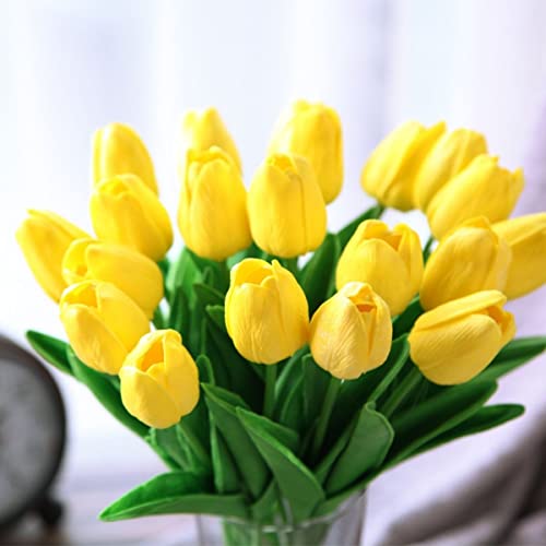 Hawesome 30pcs Artificial Latex Tulips Flowers Faux Tulip Stems PU Real Touch Tulips for Wedding Party Home Decoration (Yellow)