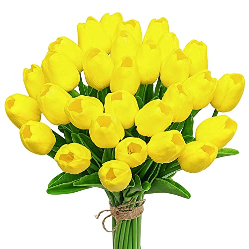 Hawesome 30pcs Artificial Latex Tulips Flowers Faux Tulip Stems PU Real Touch Tulips for Wedding Party Home Decoration (Yellow)